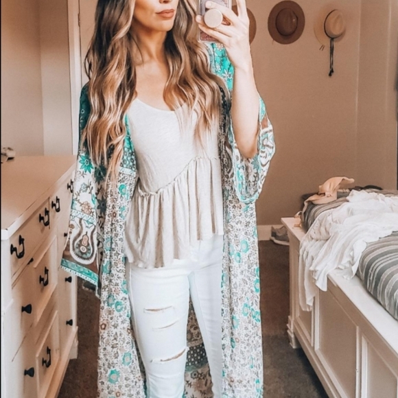 Dresses | New Boho Cottage Floral Maxi Kimono Duster Cover Up Green Tan ...